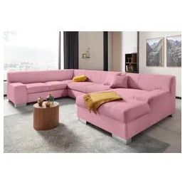 Wohnlandschaft DOMO collection "Bero U-Form" Sofas Gr. B/H/T: 328cm x 74cm x 212cm, Feinstruktur, Recamiere rechts, ohne Bettfunktion, rosa (flamingo) wahlweise mit Bettfunktion