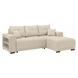 Ecksofa Home Affaire "Viborg L-Form" Sofas Gr. B/H/T: 234cm x 91cm x 162cm, Struktur fein, Recamiere rechts, mit Bettfunktion-mit Bettkasten, beige mit Regal in der Armlehne, wahlweise Bettfunktion