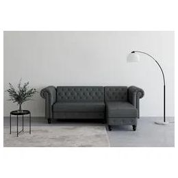 Ecksofa DOREL HOME "Felix, L-Form, 241 cm (Liegefl.108x195 cm), Recamiere tauschbar" Sofas Gr. B/H/T: 241cm x 83cm x 154cm, Kunstleder, Recamiere beidseitig montierbar, grau verstellb. Rückenlehne, Bett-Funktion, Velours, Kunstleder, Vintage