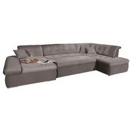 Wohnlandschaft DOMO collection "NMoric im XXL-Format, B/T/H: 353/216/80 cm, incl. Zierkissen U-Form" Sofas Gr. B/H/T: 353cm x 80cm x 216cm, Chenilleoptik, Ottomane rechts, mit Bettfunktion-mit Armlehnenverstellung, grau (taupe) wahlweise mit Bettfunktion und Armlehnenverstellung