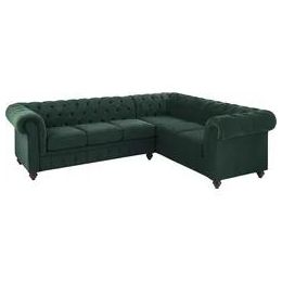 Chesterfield-Sofa Home Affaire "Duc Ecksofa L-Form" Sofas Gr. B/H/T: 255 cm x 74 cm x 214 cm, Samtoptik, langer Schenkel links, grün hochwertige Knopfheftung im Rücken, Samtoptik mit changierender Optik