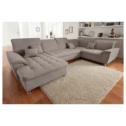 Wohnlandschaft DOMO collection "Franzi wahlweise mit Kopfteilverstellung Bettfunktion, Bettkasten" Sofas Gr. B/H/T: 352cm x 80cm x 214cm, Chenille, Recamiere links, mit Kopfteilverstellung, grau (taupe) im XXL-Format BTH: 35221480 cm, Steppung Sitz, U-Form