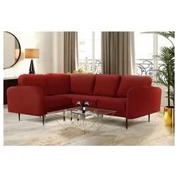 Ecksofa LEONIQUE "Skidi L-Form" Sofas Gr. B/H/T: 228cm x 81cm x 166cm, Samtoptik, langer Schenkel rechts, rot (dunkelrot) mit losen Rückenkissen und Keder oben auf der Armlehne