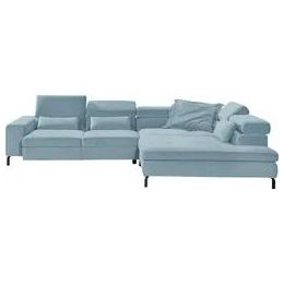 Ecksofa Gallery M BRANDED BY MUSTERRING "Felicia Due L-Form" Sofas Gr. B/H/T: 312cm x 82cm x 218cm, Flachgewebe FLORIS, Longchair rechts, ohne Sitzvorzug, blau (hellblau) Wahlweise mit Sitzvorzug, inkl. Kopfteilverstellung, Sitzhöhe 43 cm