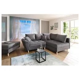 Ecksofa Home Affaire "Rice L-Form" Sofas Gr. B/H/T: 223cm x 47cm x 184cm, Luxus-Microfaser, Ottomane beidseitig montierbar, grau mit Bonnellfederkern, Hocker & Kissen, Ottomane beidseitig montierbar