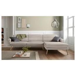 Ecksofa Andas "Bille L-Form" Sofas Gr. B/H/T: 302cm x 86cm x 178cm, Struktur fein, Recamiere rechts, beige (creme) mit Naht im Rückenkissen und Beinen aus Eichenholz