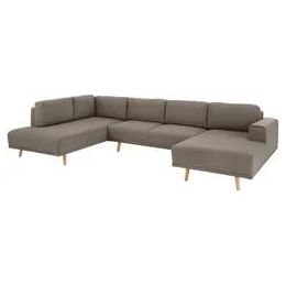 Wohnlandschaft Home Affaire "Lasse U-Form" Sofas Gr. B/H/T: 355cm x 84cm x 203cm, Struktur fein, Ottomane links, braun im scandinavischem Stil mit Holzfüßen