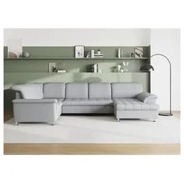 Wohnlandschaft DOMO collection "Franzi wahlweise mit Kopfteilverstellung Bettfunktion, Bettkasten" Sofas Gr. B/H/T: 352cm x 80cm x 214cm, Struktur grob, Recamiere rechts, mit Kopfteilverstellung, silberfarben (silber) im XXL-Format BTH: 35221480 cm, Steppung Sitz, U-Form