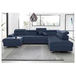 Wohnlandschaft DOMO collection "Mira U-Form" Sofas Gr. B/H/T: 337cm x 78cm x 230cm, Struktur, Recamiere links, mit Kopfteilverstellung-mit Bettfunktion, blau (dunkelblau) wahlweise mit Bettfunktion und Bettkasten