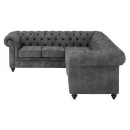 Chesterfield-Sofa Home Affaire "Chesterfield Ecksofa, auch in Leder L-Form" Sofas Gr. B/H/T: 250cm x 74cm x 210cm, Luxus-Microfaser Lederoptik, langer Schenkel rechts, grau (anthrazit) hochwertige Knopfheftung, langer Schenkel links oder rechts wählbar