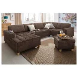 Wohnlandschaft Home Affaire "Corby U-Form" Sofas Gr. B/H/T: 333cm x 80cm x 199cm, Microfaser MELROSE, Recamiere links, ohne Bettfunktion, braun wahlweise mit Bettfunktion, Steppung auf Sitzfläche