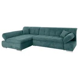 Ecksofa DOMO collection "Mona L-Form" Sofas Gr. B/H/T: 297cm x 80cm x 173cm, Luxus-Microfaser Chenilleoptik, Recamiere links, mit Armlehnfunktion, blau (petrol) wahlweise mit Bettfunktion