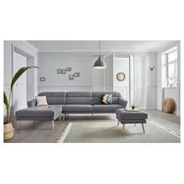 Ecksofa Andas "Bille L-Form" Sofas Gr. B/H/T: 302cm x 86cm x 178cm, Struktur, Recamiere links, grau (hellgrau) mit Naht im Rückenkissen und Beinen aus Eichenholz