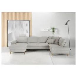 Wohnlandschaft 3C Candy "Lecce, wahlweise PUR-Schaumstoff oder Tonnentaschenfederkern U-Form" Sofas Gr. B/H/T: 339cm x 86cm x 220cm, Feincord, Longchair links, Sitzaufbau mit Tonnentaschenfederkern, silberfarben Bettkasten in Umbauecke und Longchair, sowie Querschläfer im 2-Sitzer