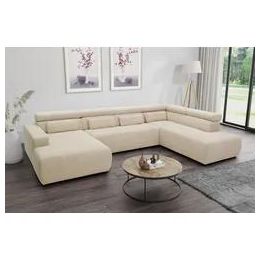 Wohnlandschaft DOMO collection "Brandon viele Bezugsarten, auch in Cord und Leder, incl. Nierenkissen" Sofas Gr. B/H/T: 359cm x 80cm x 228cm, Cord, Recamiere links, mit Sitztiefenverstellung, mit Nierenkissen, beige (creme) mit Kopfteilverstellung, wahlweise Sitztiefenverstellung, U-Form