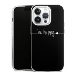 DeinDesign Handyhülle Statement Sprüche Glück Be Happy Black, Apple iPhone 14 Pro Silikon Hülle Bumper Case Handy Schutzhülle, weiß, transparent