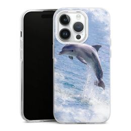 DeinDesign Handyhülle Delfine Meer Wal Springender Delphin, Apple iPhone 14 Pro Silikon Hülle Bumper Case Handy Schutzhülle, weiß, transparent