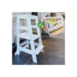 Alavya Home® Stehhilfe Lernturm Tritthocker ab 1 Jahr bis 70 Kilo belastbar + Bücherregal (2-tlg.Set)