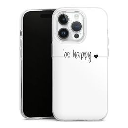 DeinDesign Handyhülle Statement Sprüche Glück Be Happy weisser Hintergrund, Apple iPhone 14 Pro Silikon Hülle Bumper Case Handy Schutzhülle, weiß