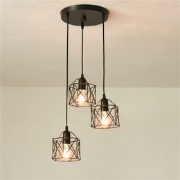 Vintage Pendelleuchte 3 Glühbirnen Retro E27 Lampenfassung im Edison-Stil Schwarz Geometrische Halbbündige Deckenleuchte für Küche Esszimmer Flur