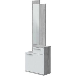 Flurmöbel Dner, Multifunktions-Schuhregal mit Spiegel, Kleiderschrank mit 1 Tür und 1 Schublade, 61x28h185 cm, Zement und glänzendes Weiß - Dmora