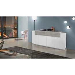 Kommode Dgerl, Küchen-Sideboard mit 4 Türen, Buffet für Wohnzimmer, 100% Made in Italy, cm 200x45h86, glänzendes Weiß und Zement - Dmora
