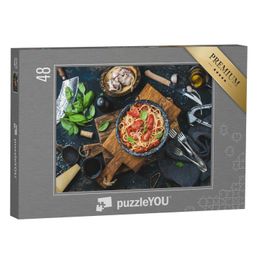 puzzleYOU Puzzle Spaghetti mit Tomaten und Basilikum, 48 Puzzleteile, -Kollektionen Pasta, Essen und Trinken