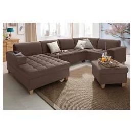 Wohnlandschaft Home Affaire "Corby U-Form", braun (dunkelbraun), B:333cm H:80cm T:199cm, Struktur fein (100% Polyester), Chenille (100% Polyester), NaturLEDER (echtes Rindsleder) auf Sitzfläche, Kunstleder im Korpus, Melrose (100% Polyester), Sofas, wahlweise mit Bettfunktion, Steppung auf Sitzfläche