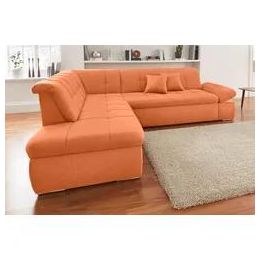 Ecksofa DOMO collection "NMoric incl. Zierkissen B/T/H: 273/216/80 cm L-Form" Sofas Gr. B/H/T: 273cm x 80cm x 216cm, Microfaser PRIMABELLE, Ottomane links, mit Bettfunktion-mit Armlehnenverstellung, orange (terrakotta) Ottomanen-Abschluss, wahlweise mit Bettfunktion und Armlehnverstellung