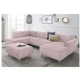 Wohnlandschaft Andas "Janek U-Form" Sofas Gr. B/H/T: 324cm x 81cm x 191cm, Struktur weich, Ottomane links, ohne Funktion, rosa (flamingo) mit Federkern und Keder in scandinavischem Design