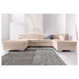 Wohnlandschaft DOMO collection "Star U-Form" Sofas Gr. B/H/T: 304cm x 74cm x 82cm, Microfaser PRIMABELLE, Recamiere links, mit Bettfunktion, beige (natur) wahlweise mit Bettfunktion