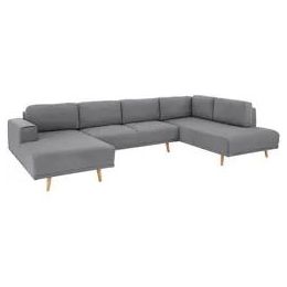 Wohnlandschaft Home Affaire "Lasse U-Form" Sofas Gr. B/H/T: 355cm x 84cm x 203cm, Struktur fein, Ottomane rechts, grau (hellgrau) im scandinavischem Stil mit Holzfüßen