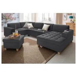 Wohnlandschaft Home Affaire "Corby U-Form" Sofas Gr. B/H/T: 333cm x 80cm x 199cm, NaturLEDER, Recamiere rechts, ohne Bettfunktion, schwarz wahlweise mit Bettfunktion, Steppung auf Sitzfläche