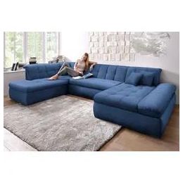 Wohnlandschaft DOMO collection "NMoric im XXL-Format, B/T/H: 353/216/80 cm, incl. Zierkissen U-Form" Sofas Gr. B/H/T: 353cm x 80cm x 216cm, Chenilleoptik, Ottomane links, ohne Funktion, blau wahlweise mit Bettfunktion und Armlehnenverstellung