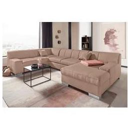 Wohnlandschaft DOMO collection "Bero U-Form" Sofas Gr. B/H/T: 328cm x 74cm x 212cm, Luxus-Microfaser, Recamiere rechts, ohne Bettfunktion, beige wahlweise mit Bettfunktion