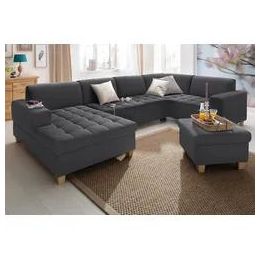 Wohnlandschaft Home Affaire "Corby U-Form" Sofas Gr. B/H/T: 333cm x 80cm x 199cm, NaturLEDER, Recamiere links, ohne Bettfunktion, schwarz wahlweise mit Bettfunktion, Steppung auf Sitzfläche