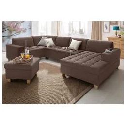 Wohnlandschaft Home Affaire "Corby U-Form" Sofas Gr. B/H/T: 333cm x 80cm x 199cm, NaturLEDER, Recamiere rechts, ohne Bettfunktion, braun (dunkelbraun) wahlweise mit Bettfunktion, Steppung auf Sitzfläche