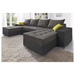 Wohnlandschaft Collection AB "Josy U-Form" Sofas Gr. B/H/T: 313cm x 84cm x 161cm, Kunstleder SOFTLUX-Struktur, Recamiere beidseitig montierbar, mit Bettfunktion und Bettkasten, schwarz (schwarz/grau) inkl. Bettfunktion, Bettkasten und Zierkissen, mit 2 Recamieren