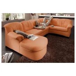 Wohnlandschaft DOMO collection "Papenburg U-Form" Sofas Gr. B/H/T: 297 cm x 84 cm x 180 cm, Kunstleder SOFTLUX, Recamiere links, ohne Bettfunktion, orange (pfirsich) in großer Farbvielfalt, wahlweise mit Bettfunktion