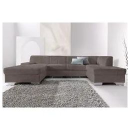 Wohnlandschaft DOMO collection "Star U-Form" Sofas Gr. B/H/T: 304cm x 74cm x 82cm, Microfaser PRIMABELLE, Recamiere links, ohne Bettfunktion, grau wahlweise mit Bettfunktion