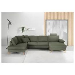 Wohnlandschaft 3C Candy "Lecce, wahlweise PUR-Schaumstoff oder Tonnentaschenfederkern U-Form" Sofas Gr. B/H/T: 339cm x 86cm x 220cm, Feincord, Longchair rechts, Sitzaufbau mit Tonnentaschenfederkern, grün (oliv) Bettkasten in Umbauecke und Longchair, sowie Querschläfer im 2-Sitzer