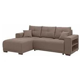 Ecksofa Home Affaire "Viborg L-Form" Sofas Gr. B/H/T: 234cm x 91cm x 162cm, Struktur fein, Recamiere links, mit Bettfunktion-mit Bettkasten, braun mit Regal in der Armlehne, wahlweise Bettfunktion