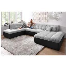 Wohnlandschaft DOMO collection "Moric U-Form auch in Cord" Sofas Gr. B/H/T: 353cm x 80cm x 95cm, Microfaser PRIMABELLE-Struktur, Recamiere rechts, ohne Funktion, silberfarben (schwarz, silber) im XXL-Format, wahlweise mit Bettfunktion und Armlehnenverstellung