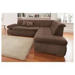 Ecksofa DOMO collection "NMoric incl. Zierkissen B/T/H: 273/216/80 cm L-Form" Sofas Gr. B/H/T: 273cm x 80cm x 216cm, Microfaser PRIMABELLE, Ottomane rechts, mit Bettfunktion-mit Armlehnenverstellung, braun Ottomanen-Abschluss, wahlweise mit Bettfunktion und Armlehnverstellung