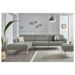 Ecksofa Andas "Bille L-Form" Sofas Gr. B/H/T: 302cm x 86cm x 178cm, Struktur, Recamiere links, grün (mint) mit Naht im Rückenkissen und Beinen aus Eichenholz