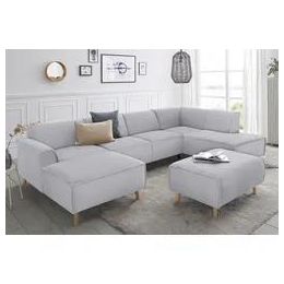 Wohnlandschaft Andas "Janek U-Form" Sofas Gr. B/H/T: 324cm x 81cm x 191cm, Struktur weich, Ottomane rechts, ohne Funktion, grau (hellgrau) mit Federkern und Keder in scandinavischem Design