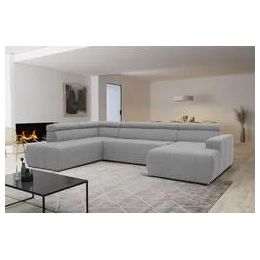 Wohnlandschaft DOMO collection "Brandon viele Bezugsarten, auch in Cord und Leder, incl. Nierenkissen" Sofas Gr. B/H/T: 359cm x 80cm x 228cm, Leder, Recamiere rechts, Ohne Sitztiefenverstellung, ohne Nierenkissen, grau (hellgrau) mit Kopfteilverstellung, wahlweise Sitztiefenverstellung, U-Form