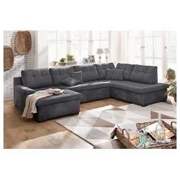 Wohnlandschaft Home Affaire "Föhr U-Form" Sofas Gr. B/H/T: 310cm x 75cm x 200cm, Microfaser MELROSE-Struktur grob, Recamiere links, ohne Bettfunktion, schwarz (schwarz/anthrazit) wahlweise mit Bettfunktion