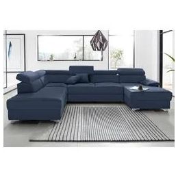 Wohnlandschaft DOMO collection "Mira U-Form" Sofas Gr. B/H/T: 337cm x 78cm x 230cm, Struktur, Recamiere rechts, mit Kopfteilverstellung, blau (dunkelblau) wahlweise mit Bettfunktion und Bettkasten