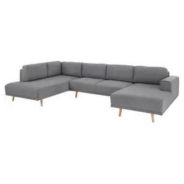 Wohnlandschaft Home Affaire "Lasse U-Form" Sofas Gr. B/H/T: 355cm x 84cm x 203cm, Struktur fein, Ottomane links, grau (hellgrau) im scandinavischem Stil mit Holzfüßen